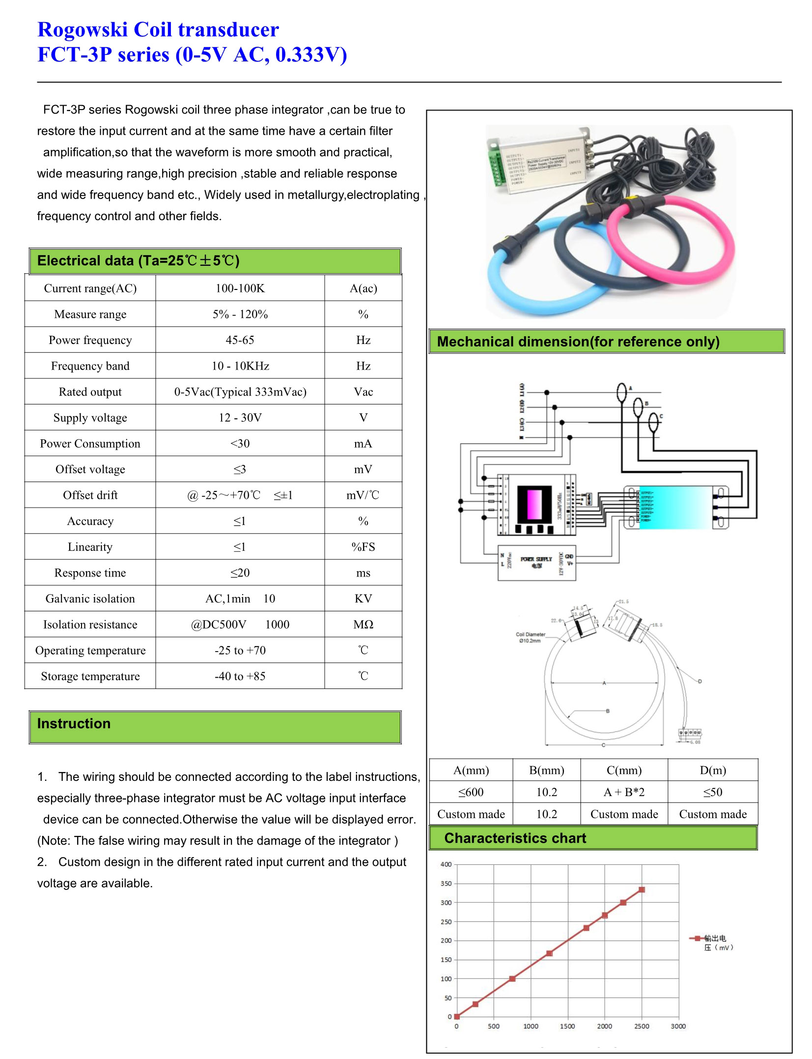 3 Phase 333mV, 0-5V Output Flexible Rogowski Coil Current Transducer